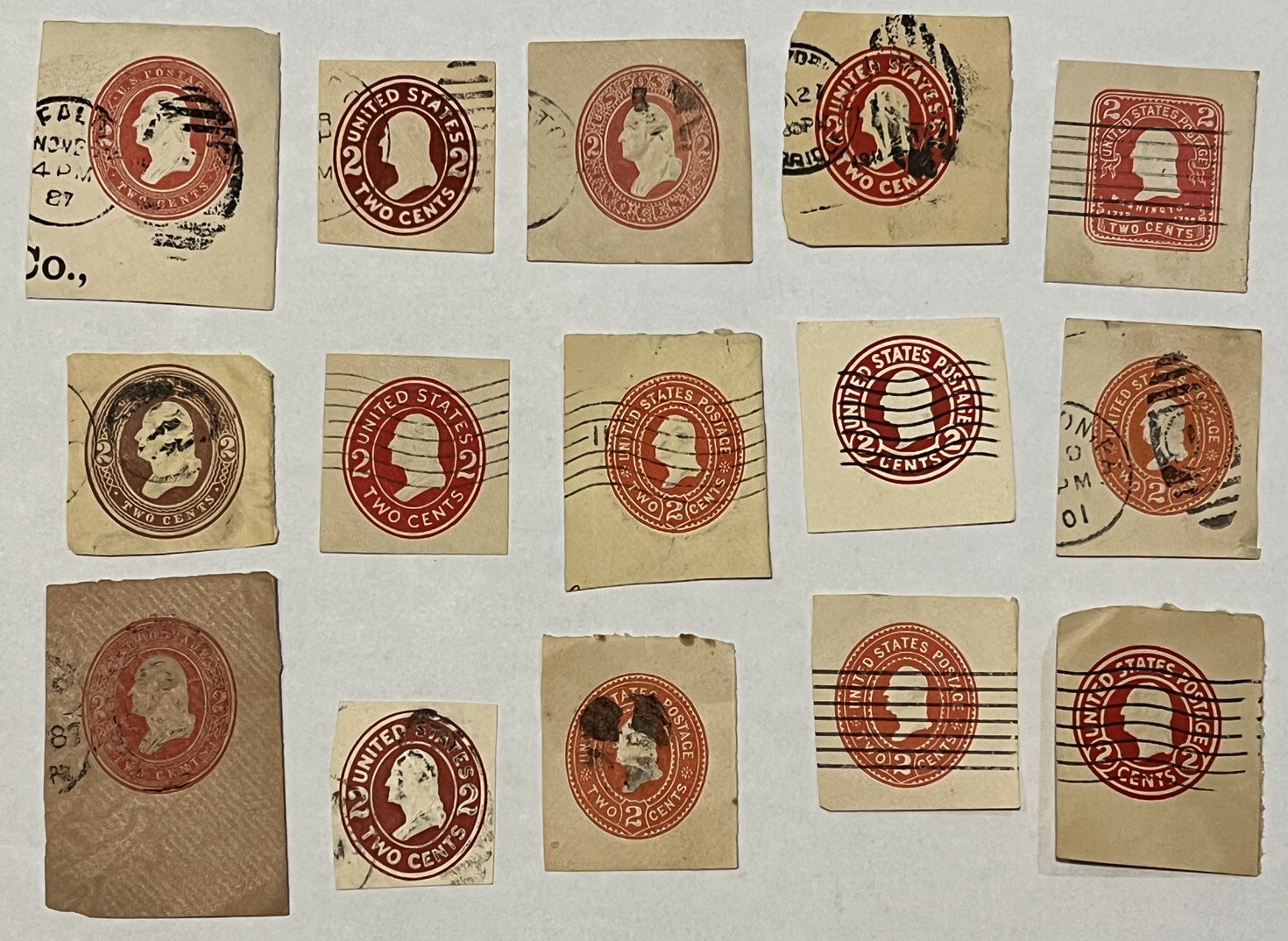 LATE 1800's-1900's RED 2C GEORGE WASHINGTON LOT OF 15 U.S. CUT SQUARES ...
