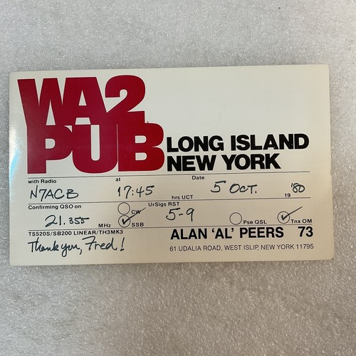 QSL Short Wave Ham Radio Card WA2PUB Alan Al Peers Long Island New York ...