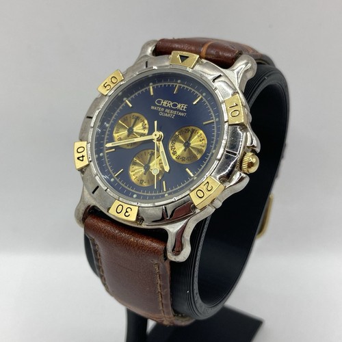 Men’s Cherokee Quartz Watch Silver & Gold Tone Blue Dial Brown Leather ...