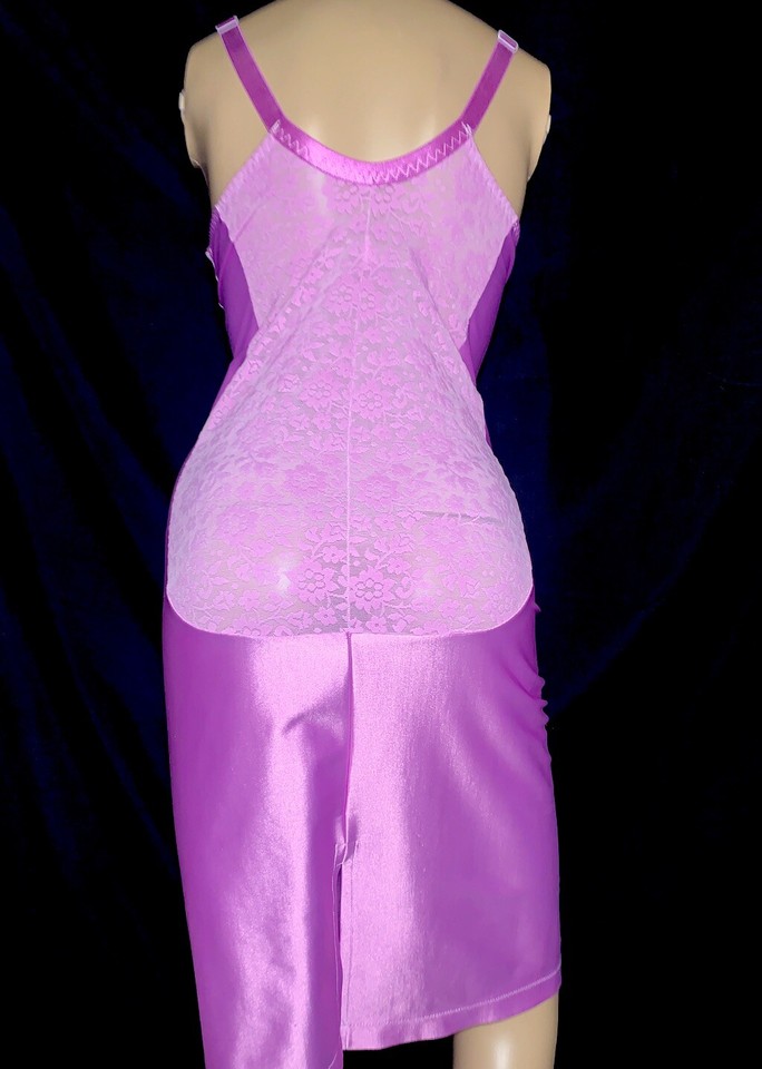 42 CD Vtg Lilac Pink Satin Firm Power Lace Girdle Bra FULL SLIP Spandex ...