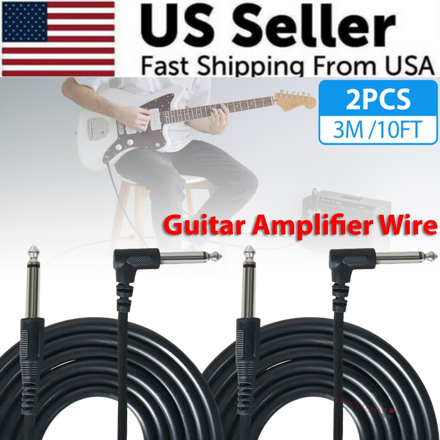 2 PACK 10FT Electric Patch Cord Guitar Amplifier Amp Cable Right Angle ...