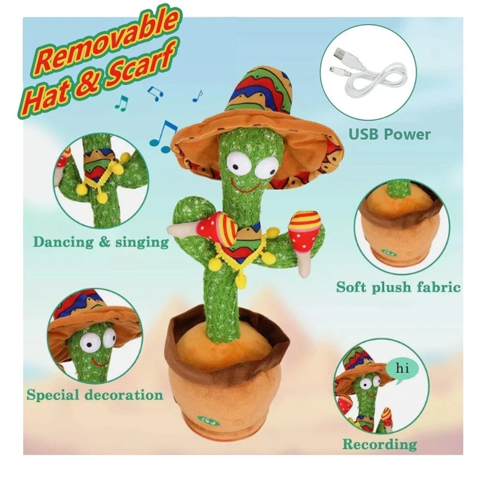 Dancing Cactus Repeat Talk Sing Glow Interactive Plush Toy for Kids ...