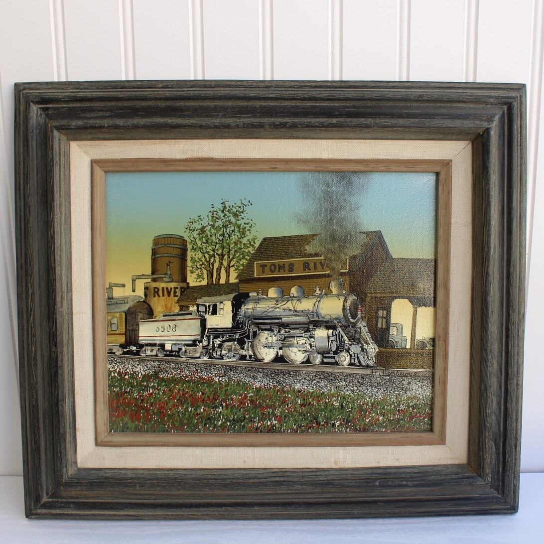 H. Hargrove lithograph Framed Art of Steam Train at Toms River Station ...
