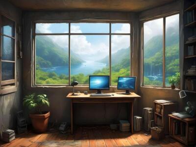 Desolate Run-Down Office in a Beautiful Landscape Computer Poster Art ...