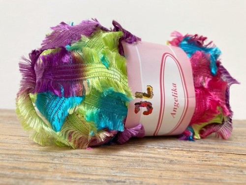 angelika ribbon yarn 802 . 38yds . wide fringed boa . neon pink yellow ...