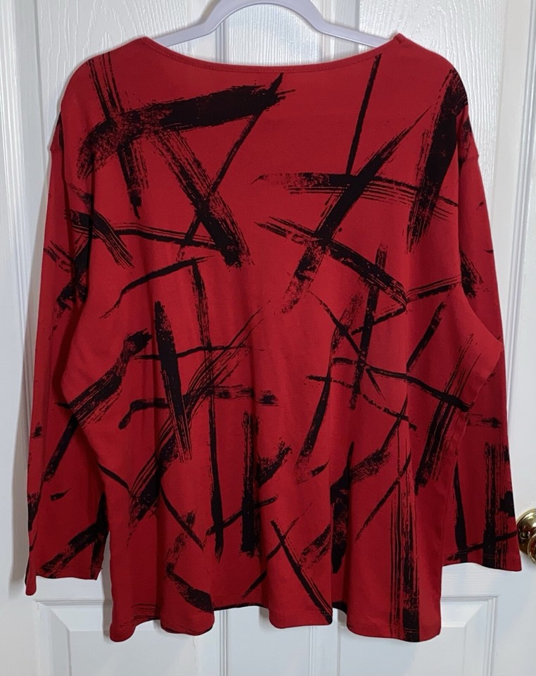 Jess & Jane Top Womens Plus 3X Artsy Red Black Rhinestone Bling Cotton ...