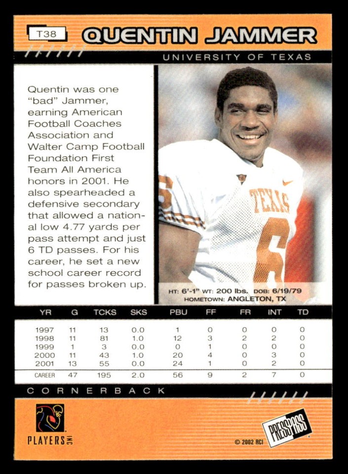 Quentin Jammer 2002 Press Pass Torquers Card #T38 Texas Longhorns | eBay