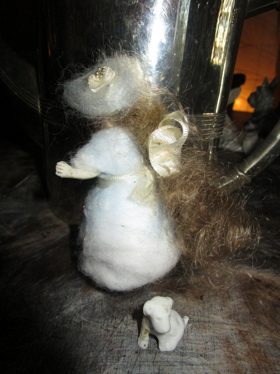 Antique bisque doll -Mignonette with spun cotton dress/ dog -Hertwig ...