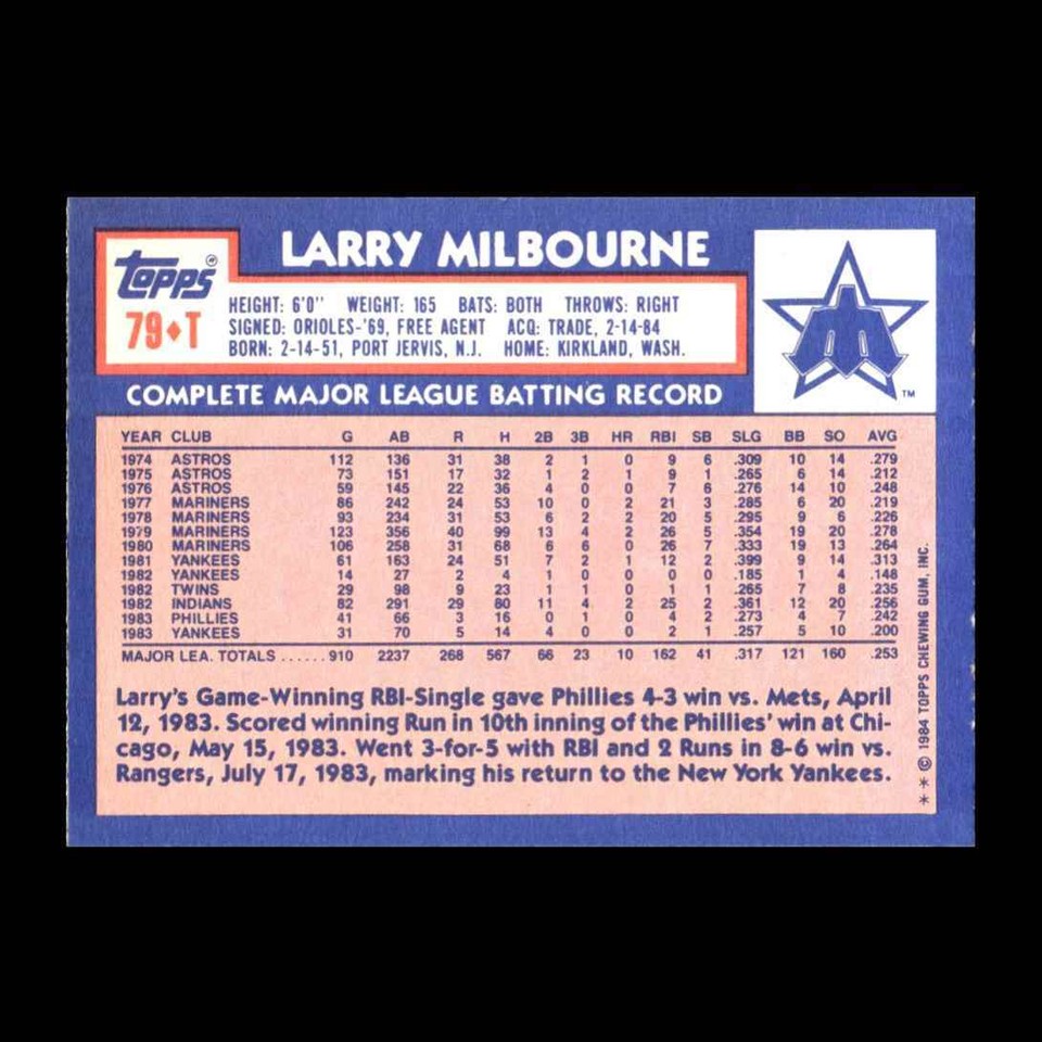 Larry Milbourne 1984 Topps Traded Seattle Mariners #79T R321 78 | eBay