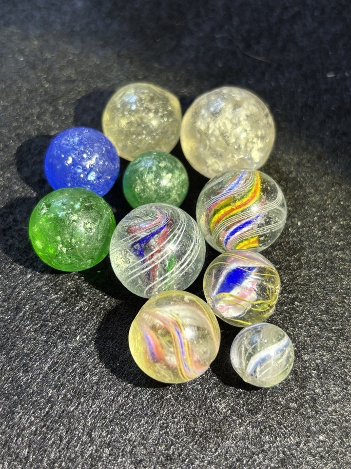 German Handmade Marbles. Group Of 10. Ribbon Cores, Micas. Good ...