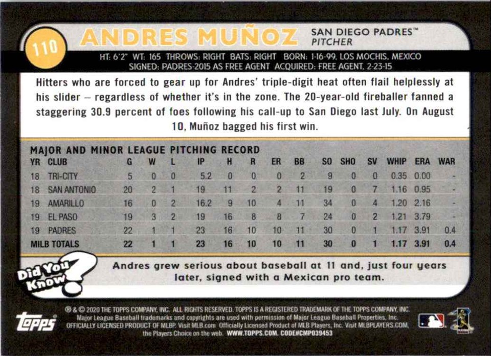 2020 Topps Big League ANDRES MUNOZ RC San Diego Padres #110 | eBay