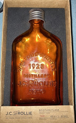 Amber Glass Bootleg Flask, J.C. & Rollie 4oz Wet Your Whistle Vintage ...