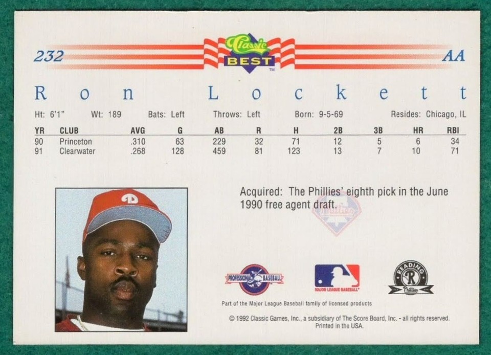 Ron Lockett - 1992 Classic Best #232 - Reading Phillies Baseball Card ...