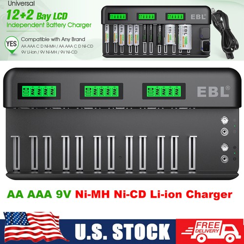 12+2 Bay LCD Battery Charger for AA AAA C D 9V Li-ion Ni-MH Ni-CD (AC ...