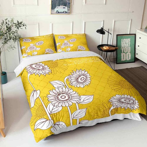 White Flowers In Sea Of Yellow 3D Quilt Duvet Doona Cover Set Pillow ...