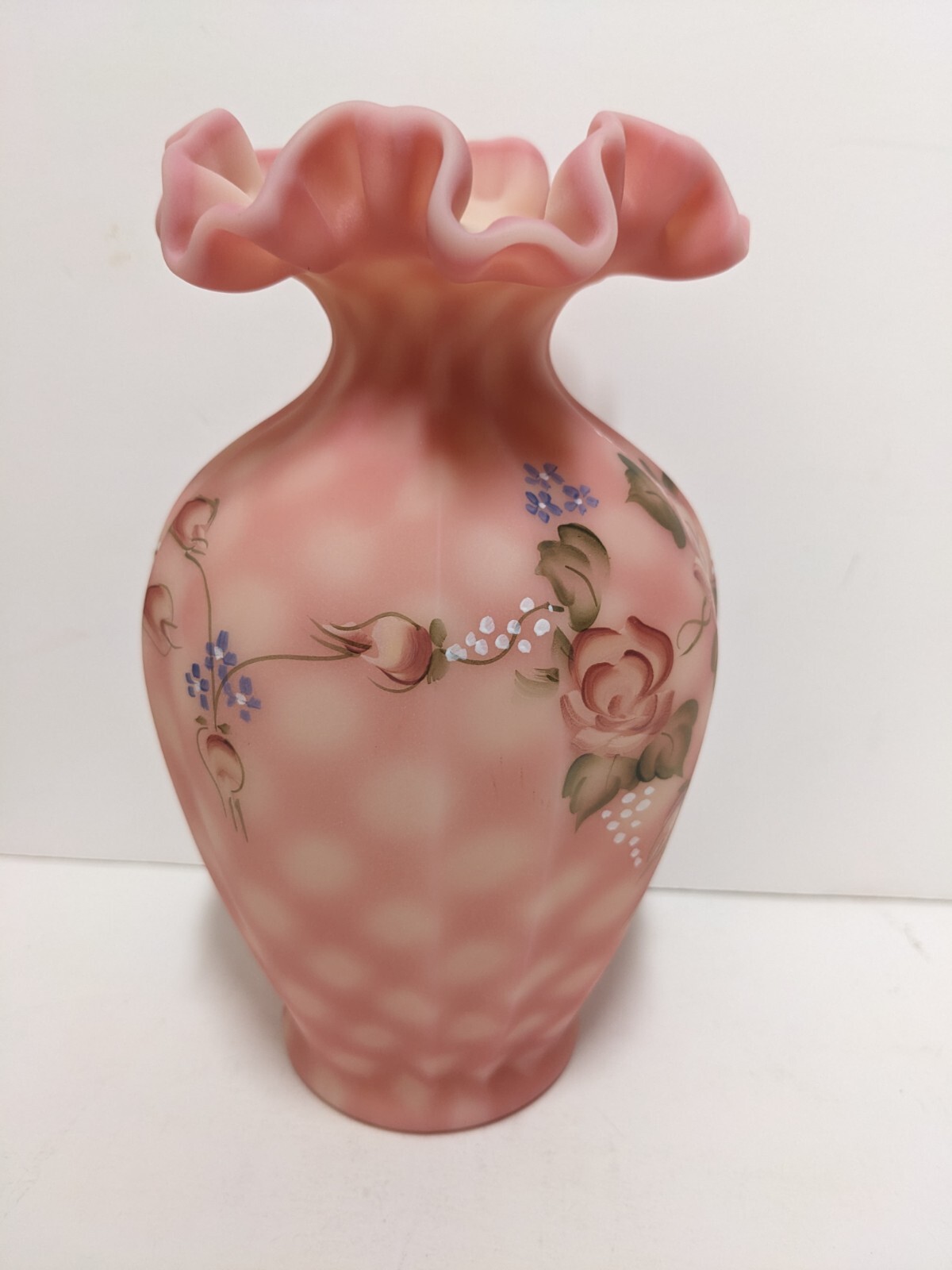Fenton Pink Burmese Diamond Optic Rose 7 " Ruffled Vase Hand Painted ...