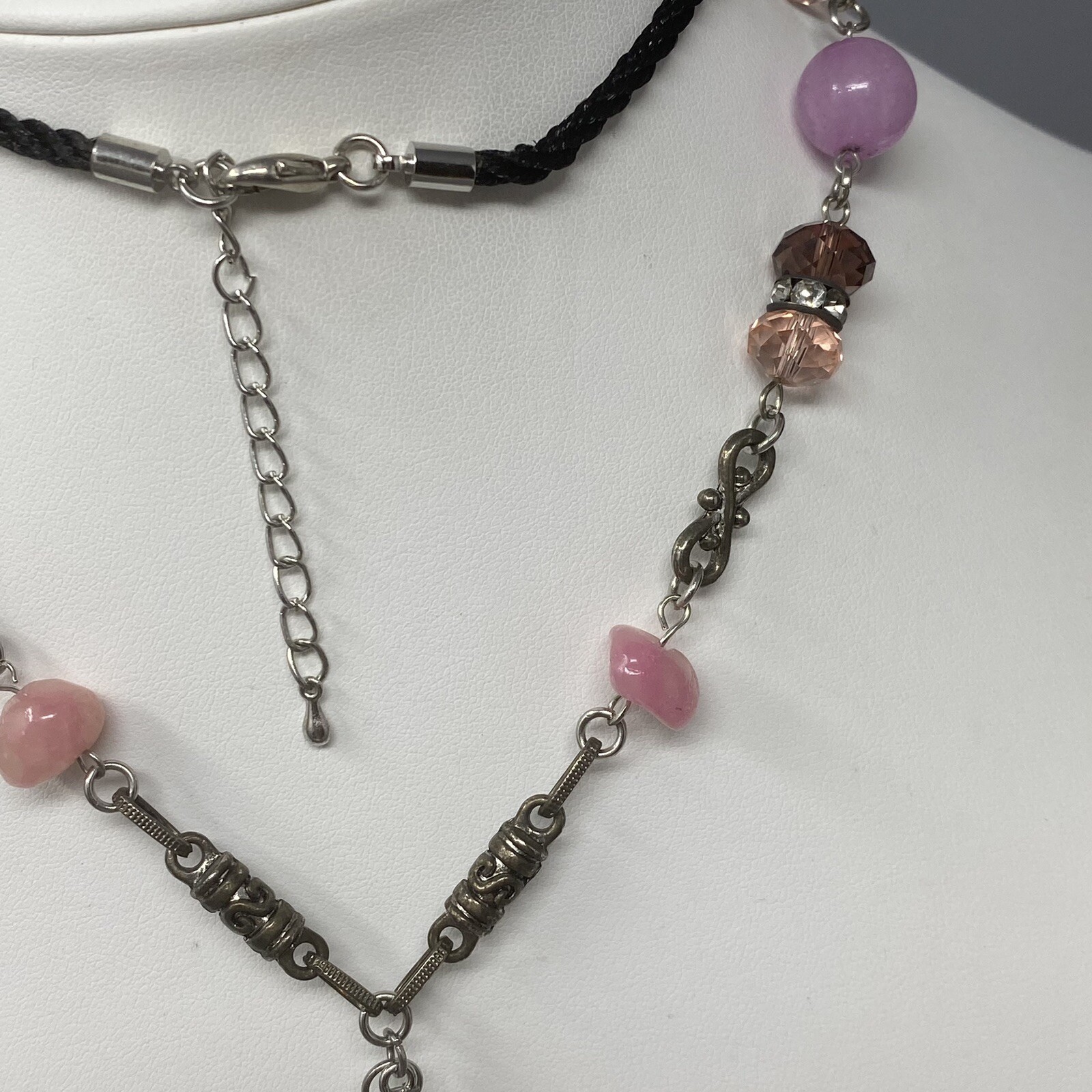 Crystal Pendant Necklace Pink Aurora Boreas & Stone Beads Cord Chain ...