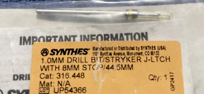 Synthes 316.448 1mm Drill Bit/Stryker J-Latch w/ 8mm Stop/44.5mm | eBay