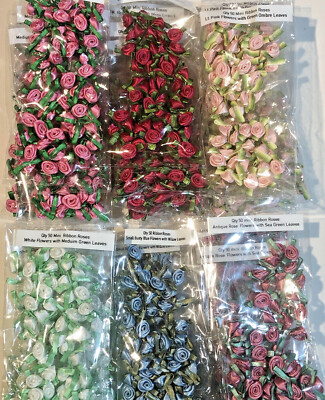 50 SATIN MINI RIBBON ROSES 3/8" Applique Sewing Bow Craft Choose your ...