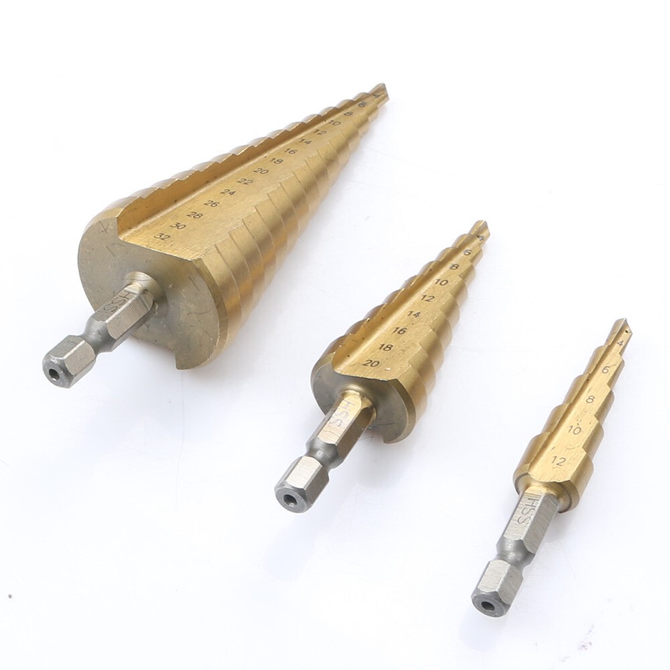 3 Pcs Large Step Titanium Cone Drill Hole Cutter Bit HSS Set Tool With ...