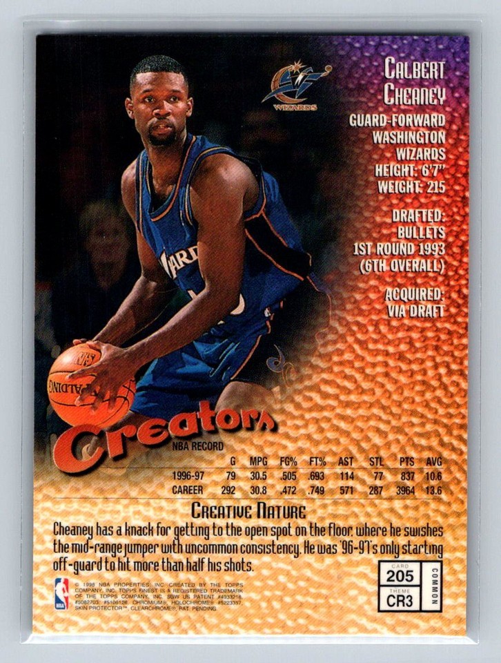 1997 Topps Finest Creators Bronze Calbert Cheaney #205 Washington ...