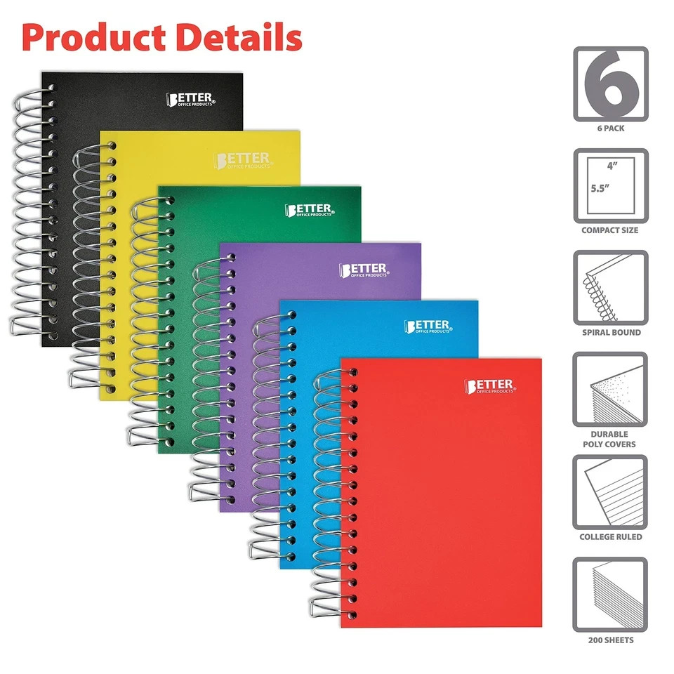 Better Office Products Fat Book Spiral Notebooks, 6 Pack, Small ...