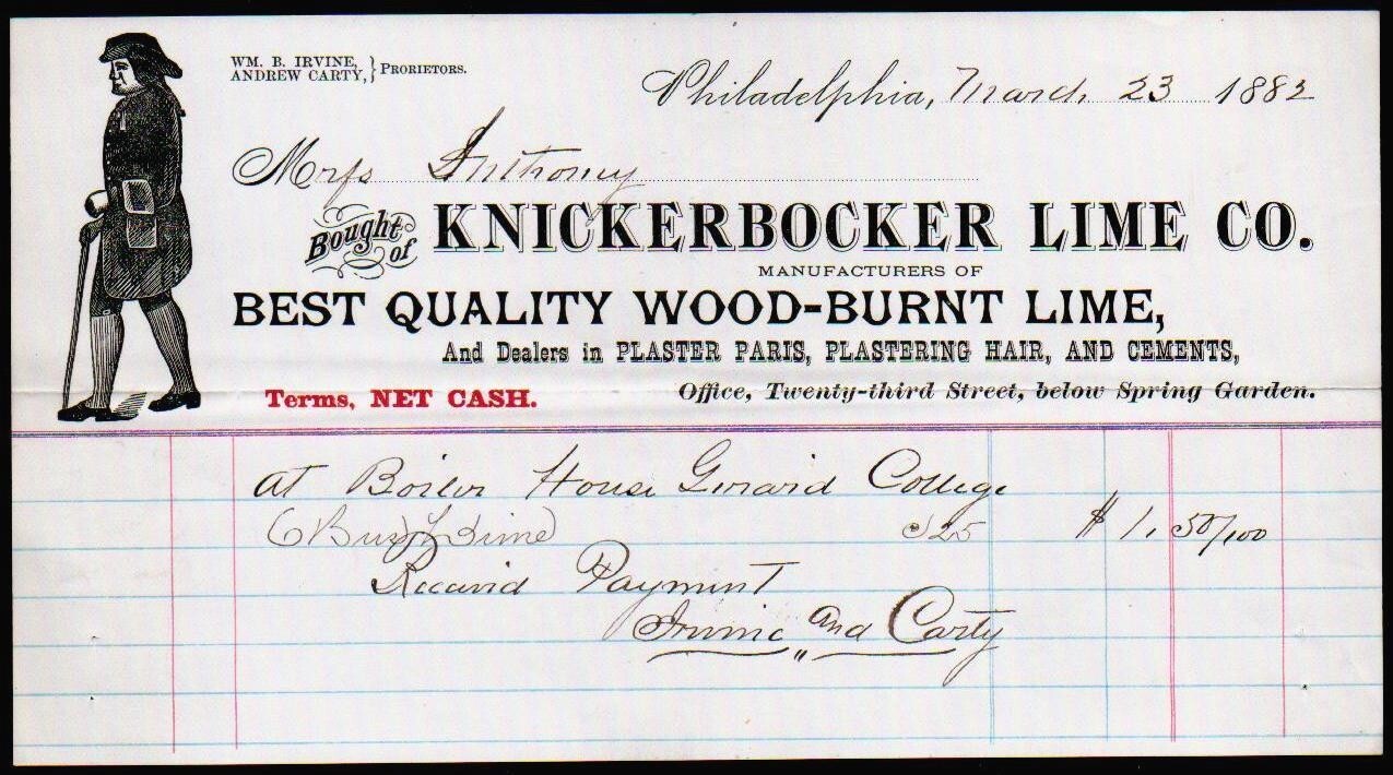 1882 Philadelphia - Knickerbocker Lime Co - Wm B Irvine Andrew Carty ...
