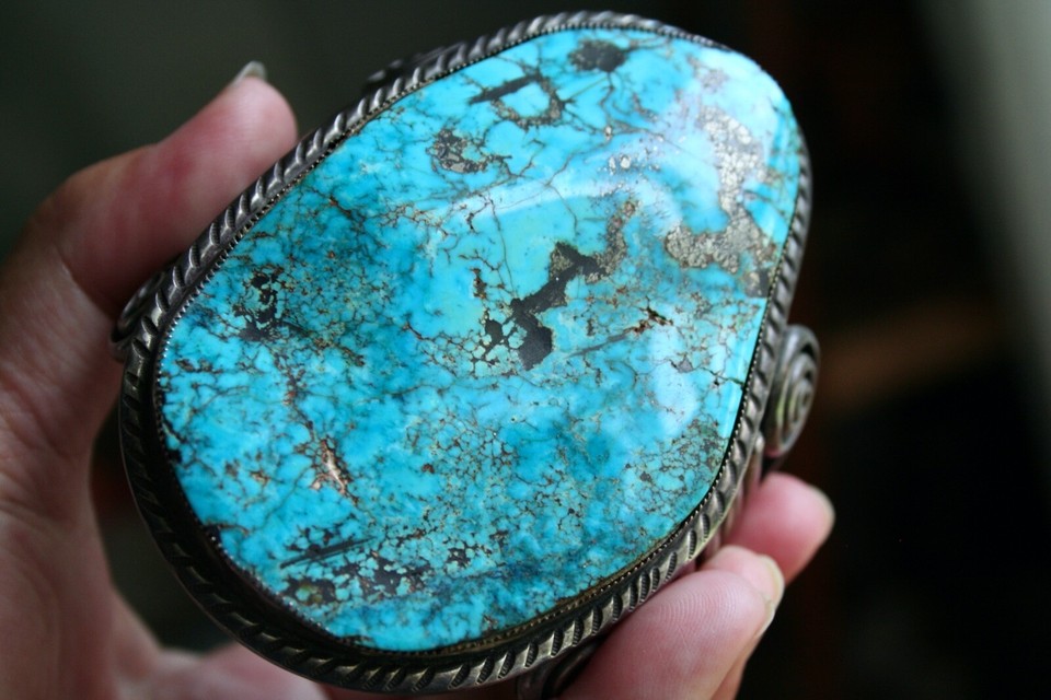 Vintage Native American Museum Gem Quality Turquoise Slab Sterling Cuff ...