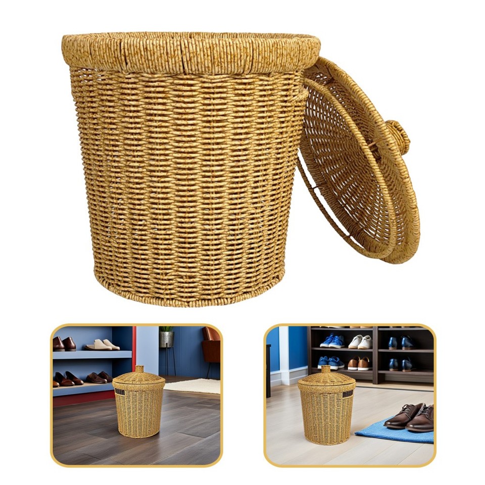 Woven Trash Can with Lid Office Bin Wastebasket Imitation Rattan ...