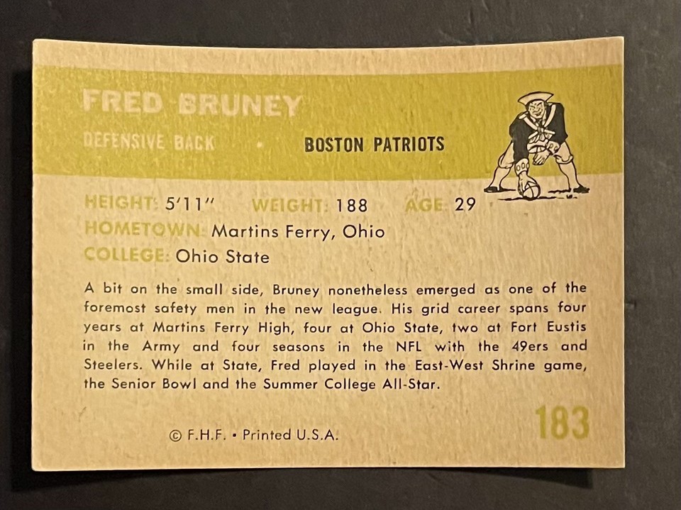 1961 FLEER FOOTBALL #183 FRED BRUNEY BOSTON PATRIOTS @ SOFT CORNERS 1 ...