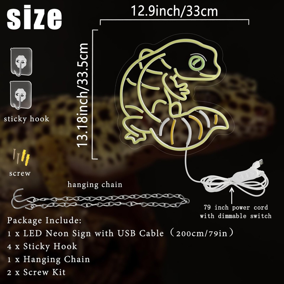 Leopard Gecko Neon Sign, Dimmable Reptile Neon Light Sign for Wall ...