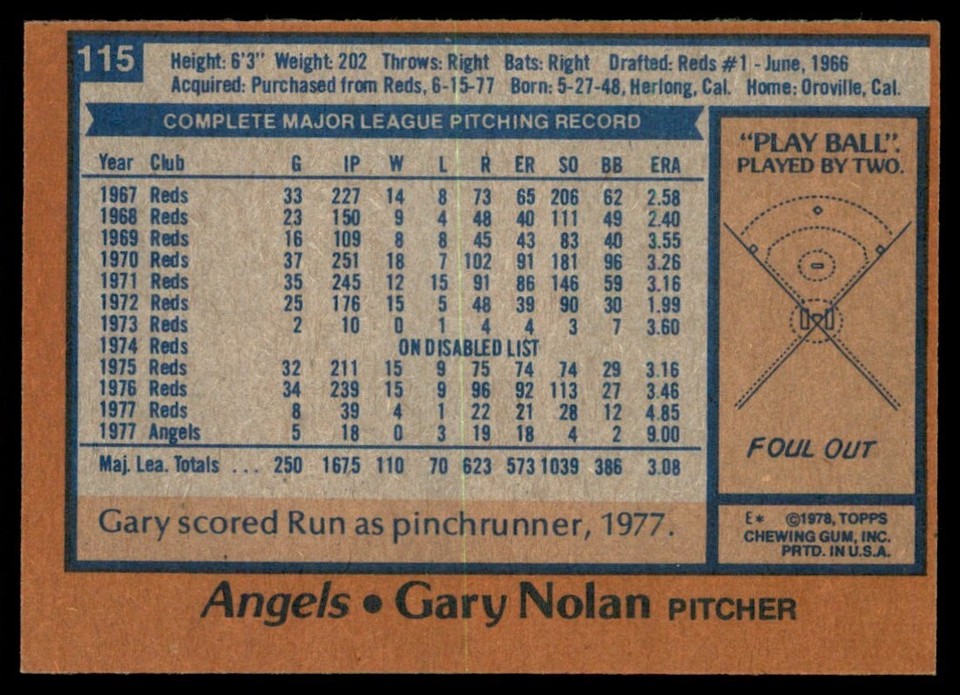 Gary Nolan 1978 Topps Set Break Great Condition! California Angels #115 ...