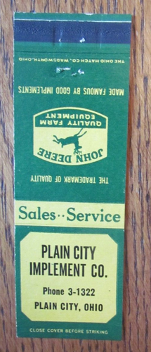JOHN DEERE TRACTOR MATCHBOOK COVER: PLAIN CITY IMPLEMENT CO. , OHIO -D8 ...
