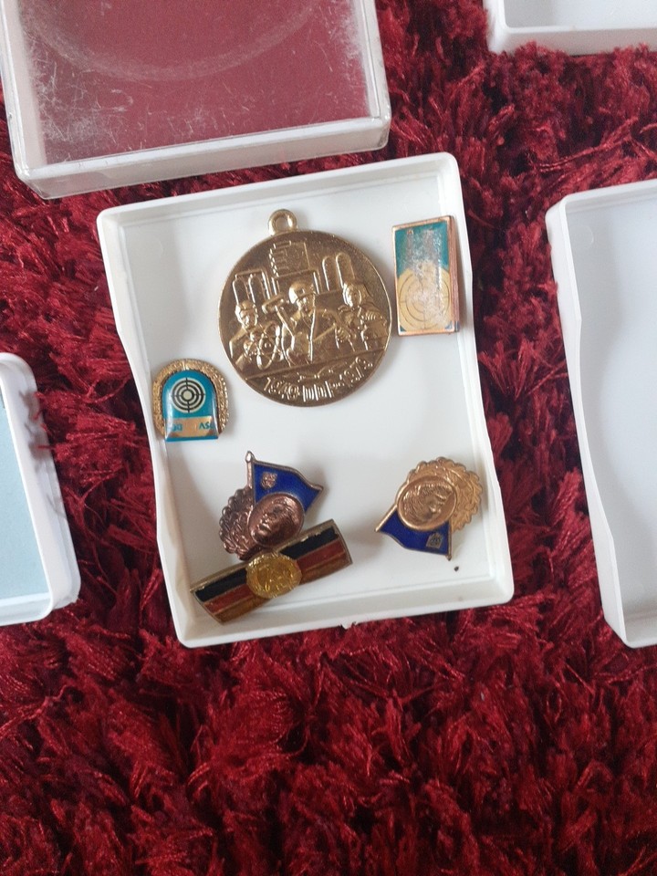 Sixteen Post War German Medals Plus Two Military Cap Badges Etcetera ...