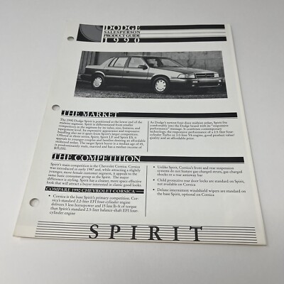 1990 Dodge Spirit Dealer Salesperson Product Guide Sales Chrysler MOPAR ...