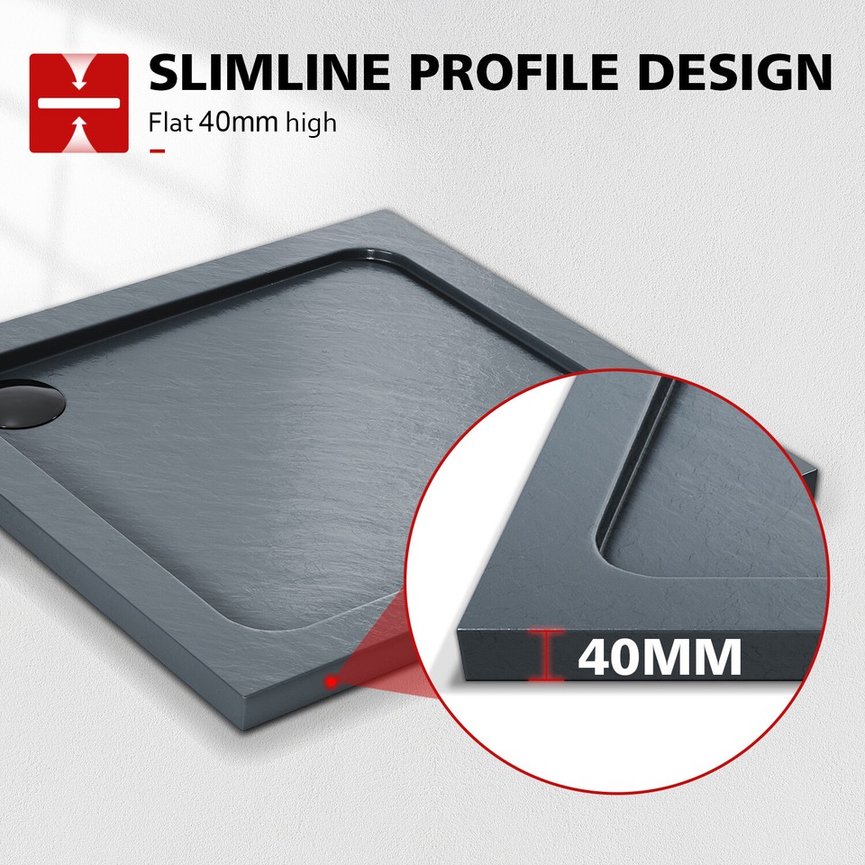 Square Shower Tray Grey Slimline Non-slip Stone Resin Slate textured ...