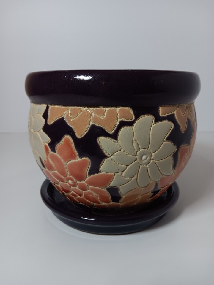Floral Clay Pot Planter With Connecting Under Dish And Drain Hole 5" By ...