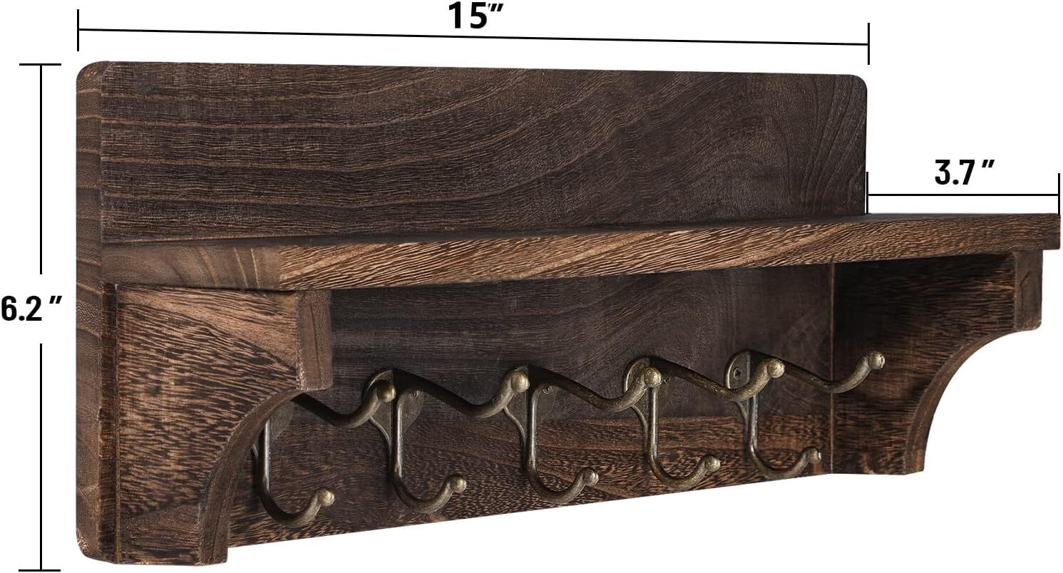 Wood Coat Rack Shelf, 5 Dual Metal Hooks, Rustic Wall-mounted Storage ...