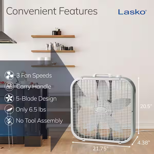 Lasko 20" Classic Box Fan with Weather-Resistant Motor, 3 Speeds, 22.5 ...