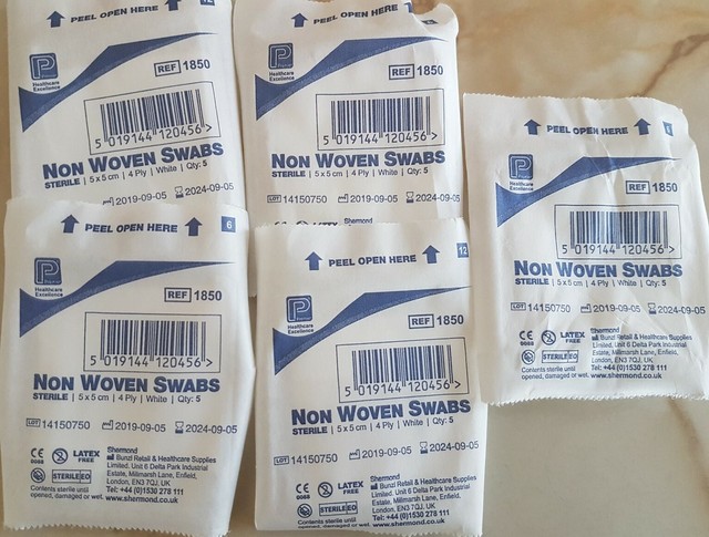 25 Premier Sterile Non Woven Medical First Aid 4ply Swabs 5 X 5cm (5 X ...