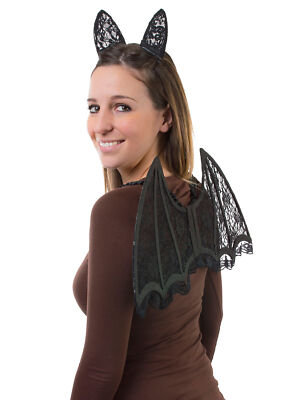 Fancy Lacy Bat Ears & Wings Black 2pc Halloween Women Costume Accessory ...