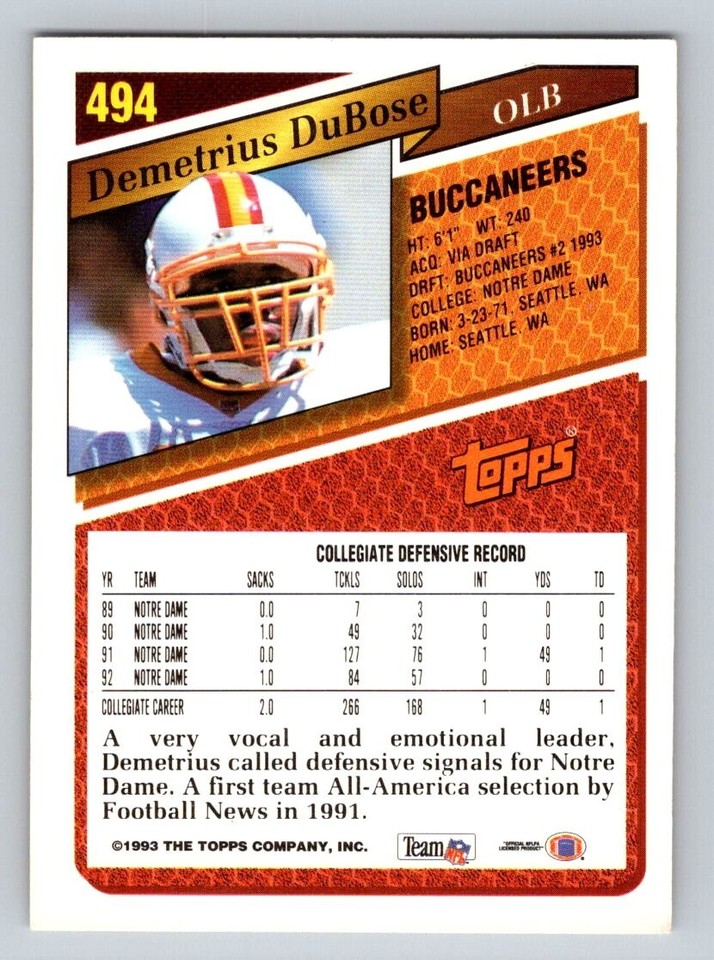 1993 Topps Demetrius DuBose #494 Rookie RC Tampa Bay Buccaneers | eBay