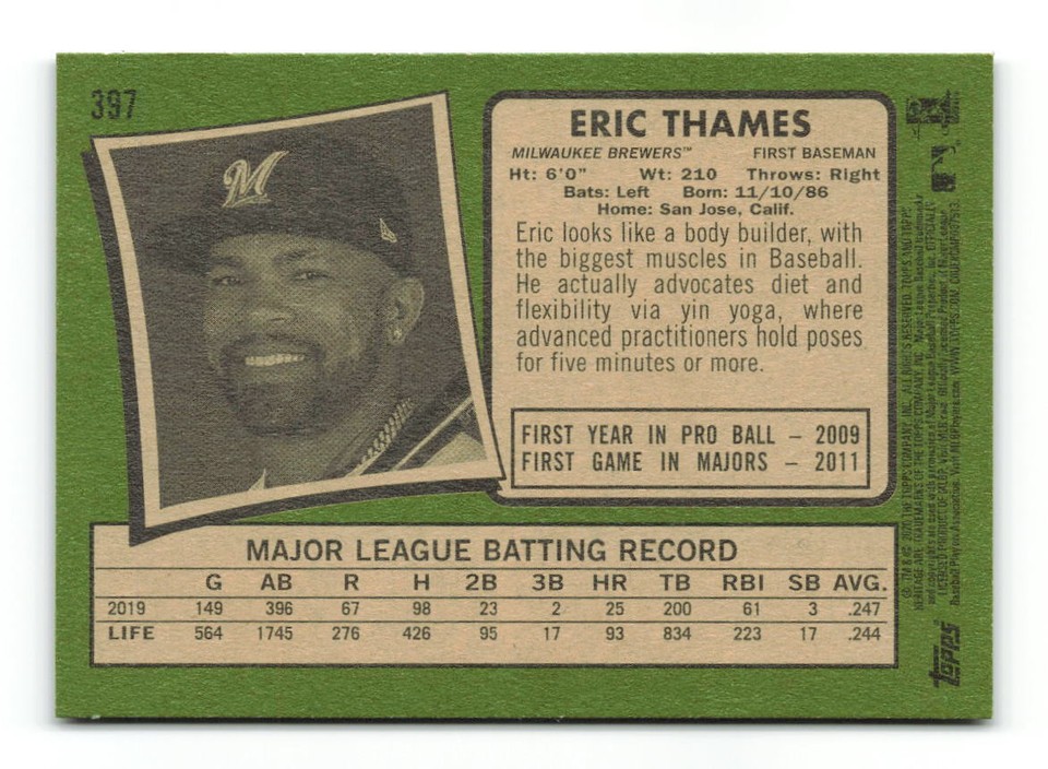 2020 Topps Heritage Eric Thames #397 Milwaukee Brewers Baseball Card | eBay