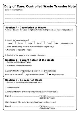 Duty of Care, Controlled Waste Transfer Note pad, A5 2 part Carbonless ...