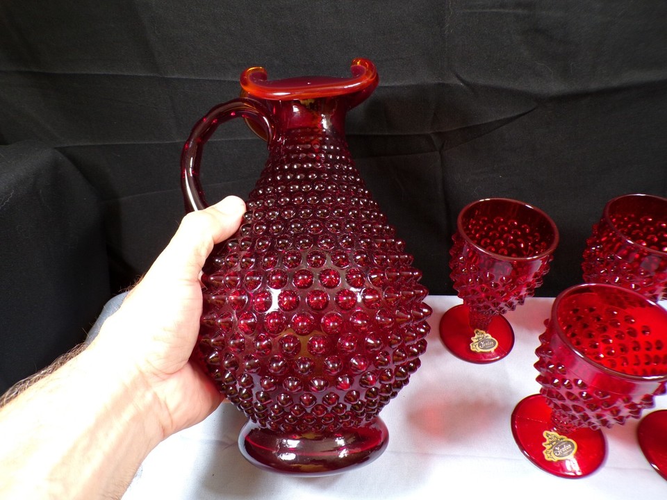 Fenton Ruby Red Glass Hobnail Wine Set Decanter w/ Stopper & 4 Wine ...