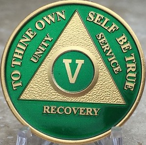 5 Year AA Medallion Green Gold Plated Alcoholics Anonymous Sobriety ...