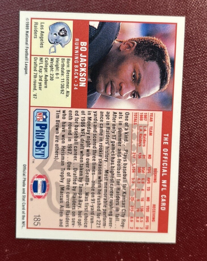 Bo Jackson 1989 NFL Pro Set Card #185, NM-MT (BIGJ’S), Los Angeles ...