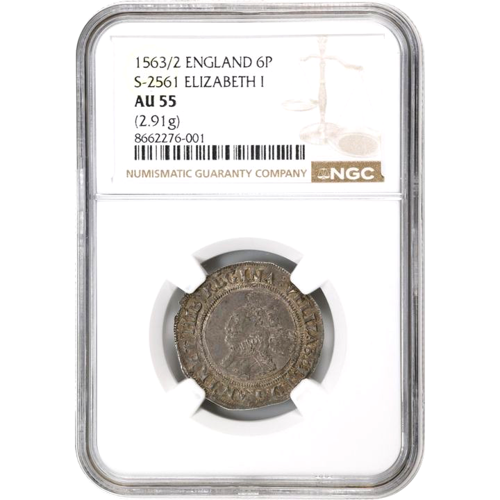 1563 /2 Great Britain 6 Pence. London Mint. Elizabeth I. NGC AU 55. S ...