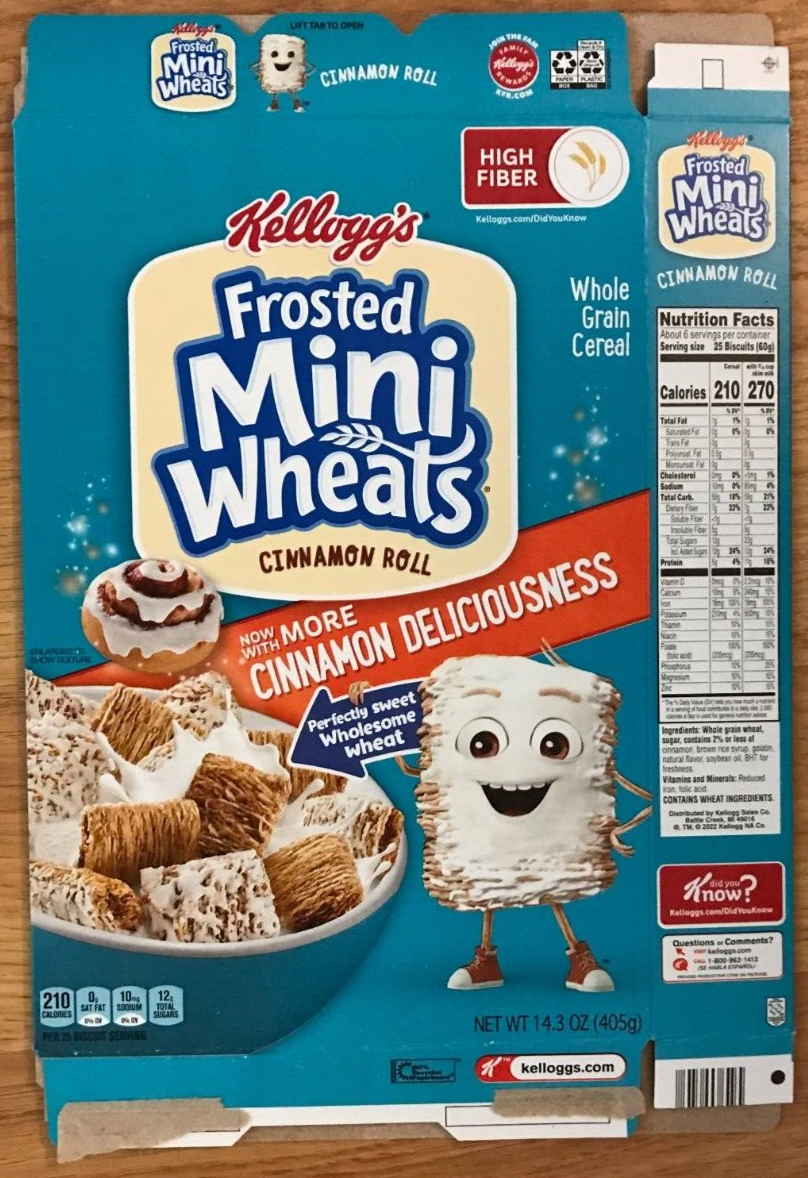 EMPTY Kellogg's Frosted Mini Wheats Cinnamon Roll Cereal Box FLATTENED ...