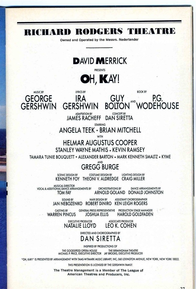 Playbill Oh Kay 1990 Angela Teek Brian Mitchell Gregg Burge | eBay
